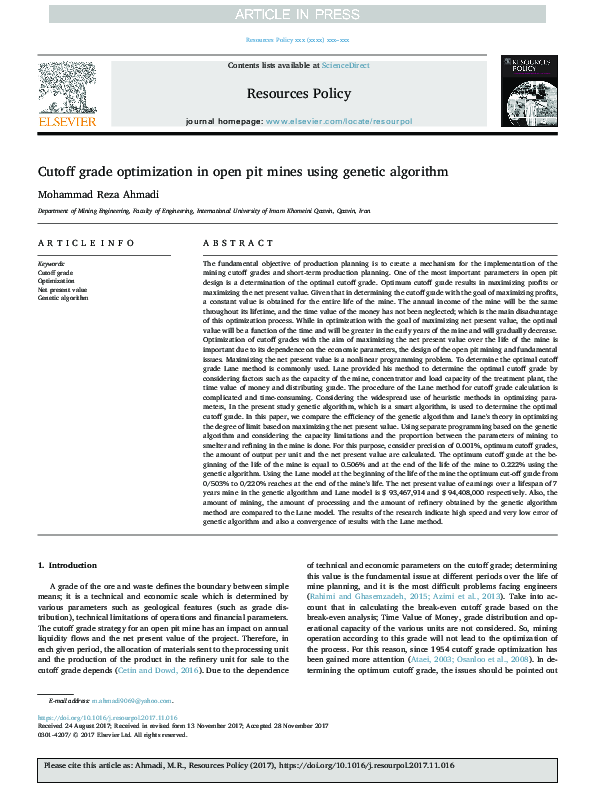(PDF) Cutoff grade optimization in open pit mines using genetic algorithm