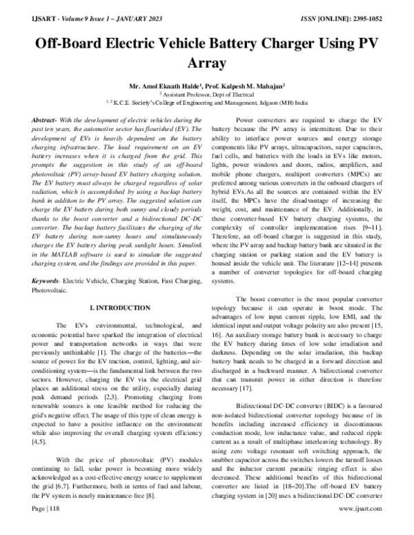(PDF) Off-Board Electric Vehicle Battery Charger Using PV Array