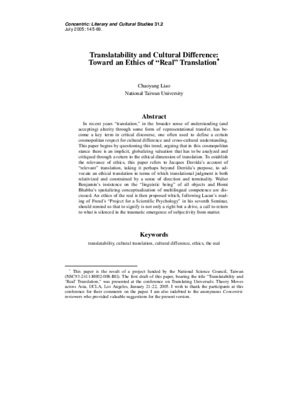 (PDF) Translatability and Cultural Difference~ Toward an Ethics of Real ...