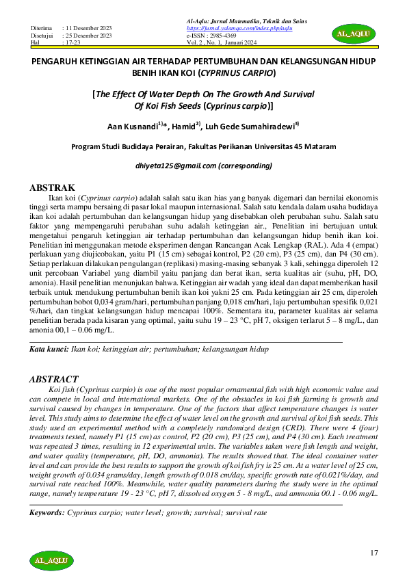 (PDF) Pengaruh Ketinggian Air Terhadap Pertumbuhan Dan Kelangsungan Hidup Benih Ikan Koi ...