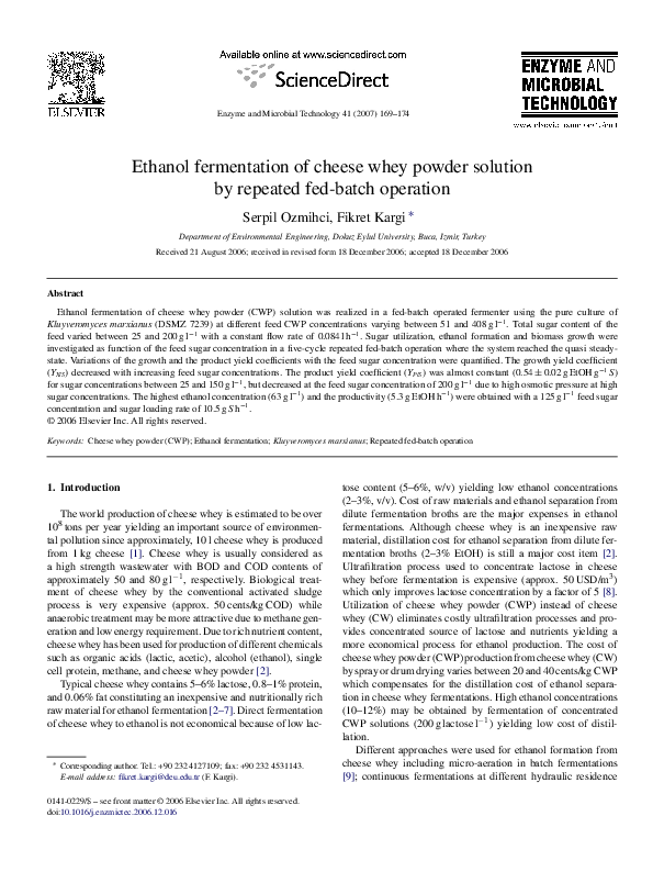 (PDF) Ethanol fermentation of cheese whey powder solution by repeated fed-batch operation