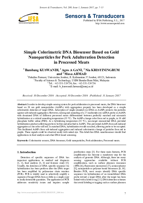 (PDF) Simple Colorimetric DNA Biosensor Based on Gold Nanoparticles for ...