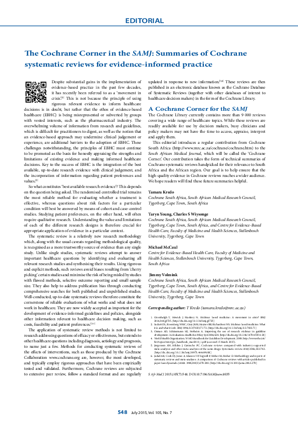 (PDF) The Cochrane Corner in the SAMJ: Summaries of Cochrane systematic ...