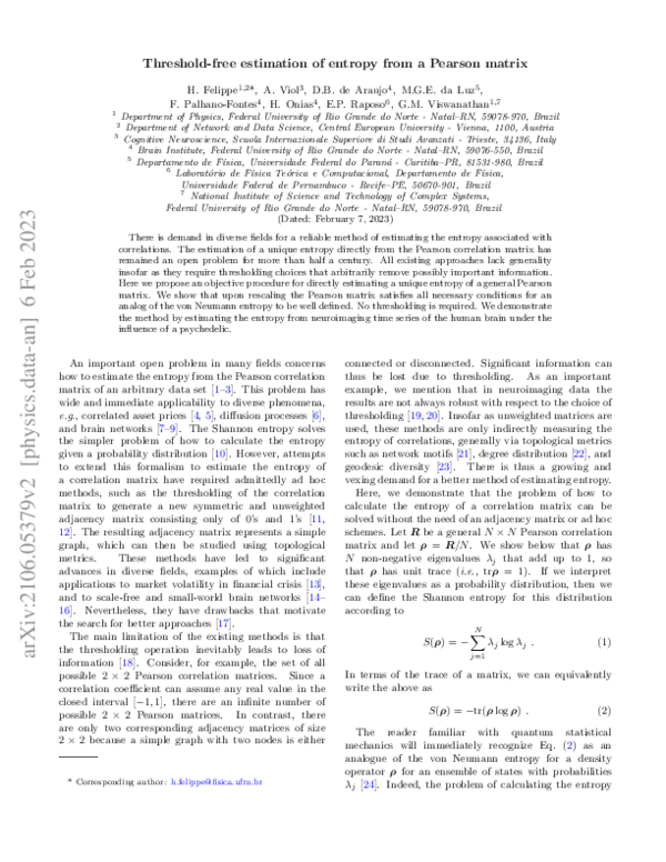 (PDF) Threshold-free estimation of entropy from a Pearson matrix