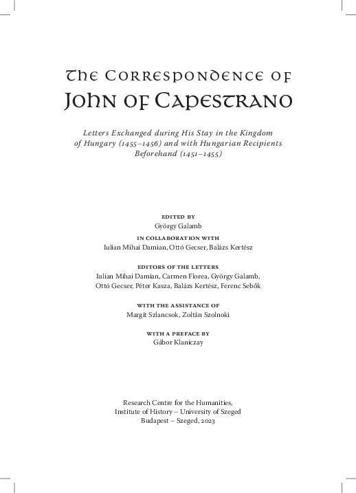 (PDF) John of Capestrano’s Correspondence in Hungary Introduction