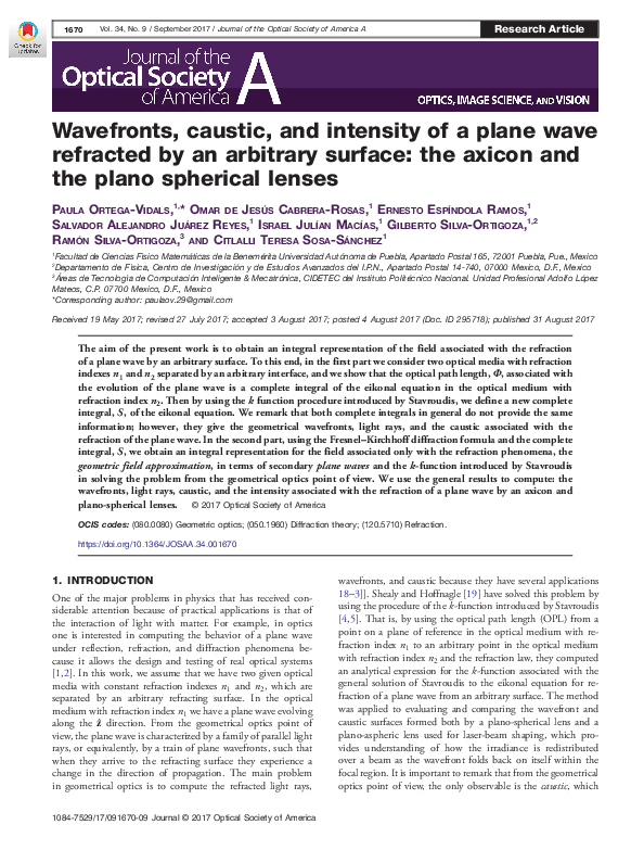 (PDF) Wavefronts, caustic, and intensity of a plane wave refracted by ...