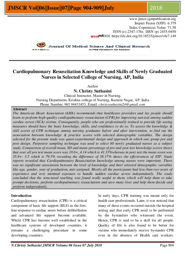 (PDF) Cardiopulmonary Resuscitation Knowledge and Skills of Newly Graduated Nurses in Selected ...