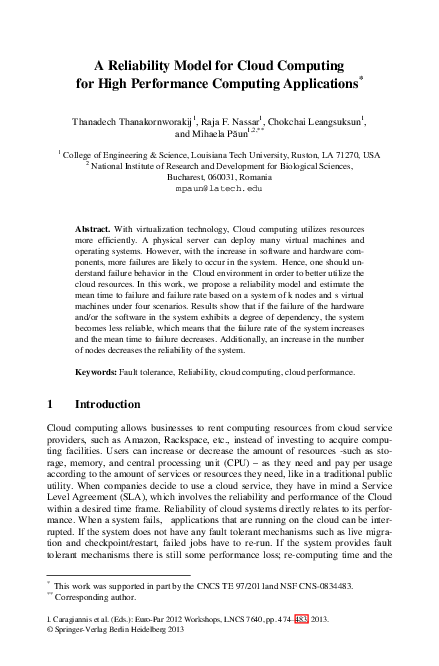 (PDF) A Reliability Model for Cloud Computing for High Performance Computing Applications