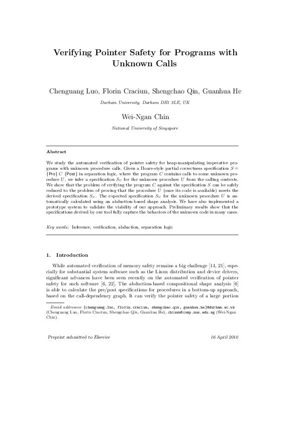 (PDF) Verifying pointer safety for programs with unknown calls