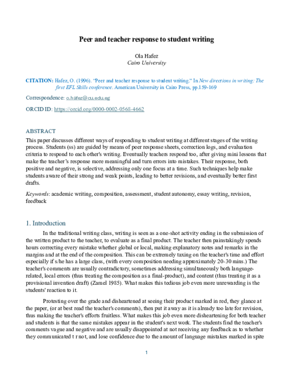 (PDF) Peer and teacher response to student writing