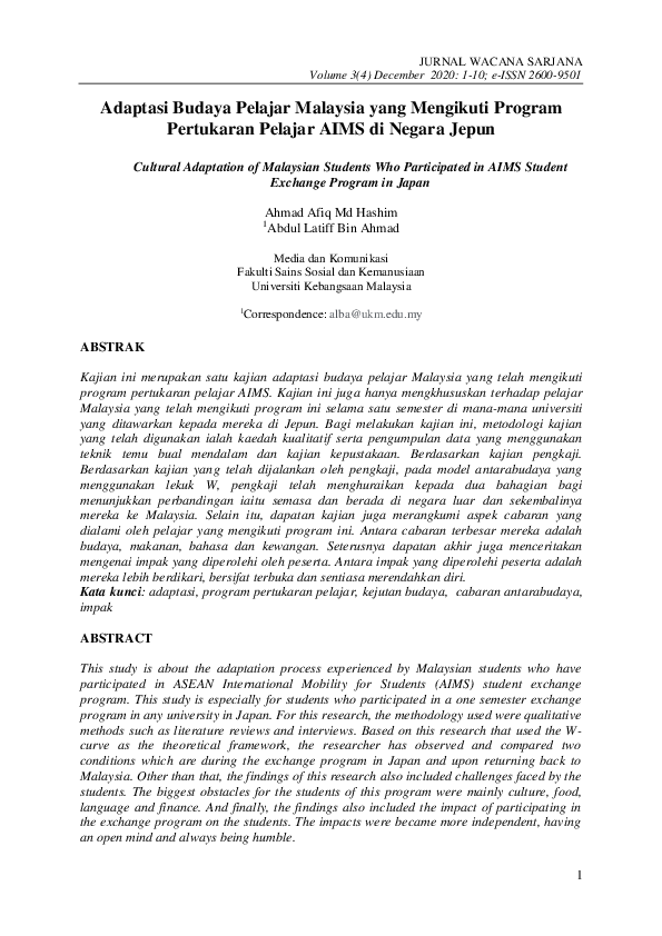 (PDF) Adaptasi Budaya Pelajar Malaysia yang Mengikuti Program ...