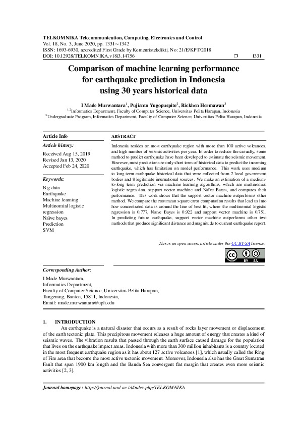 (PDF) Comparison of machine learning performance for earthquake prediction in Indonesia using 30 ...