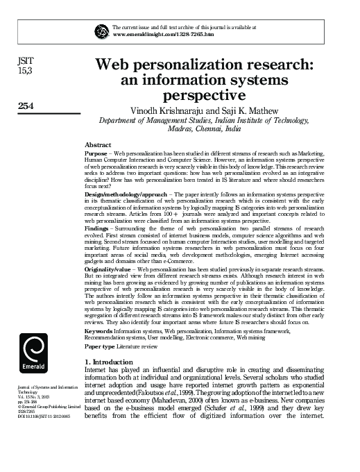 (PDF) Web personalization research: an information systems perspective