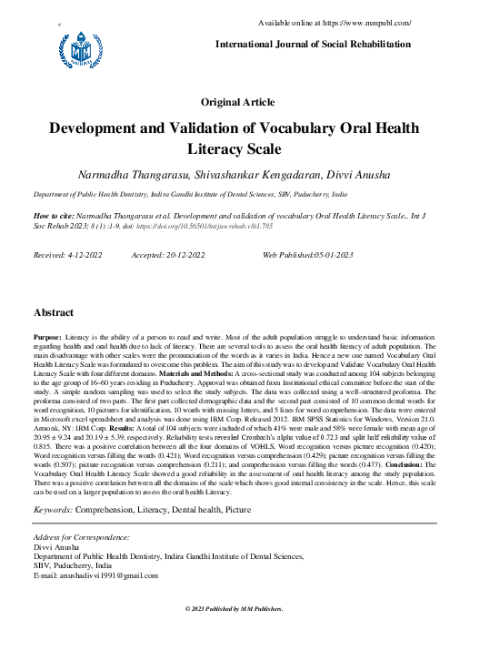 (PDF) Development and Validation of Vocabulary Oral Health Literacy Scale