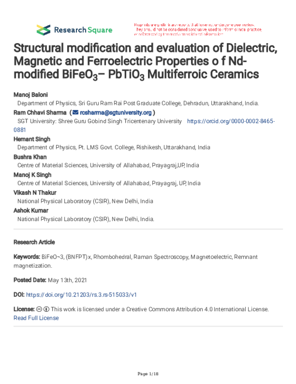 (PDF) Structural modification and evaluation of Dielectric, Magnetic and Ferroelectric ...
