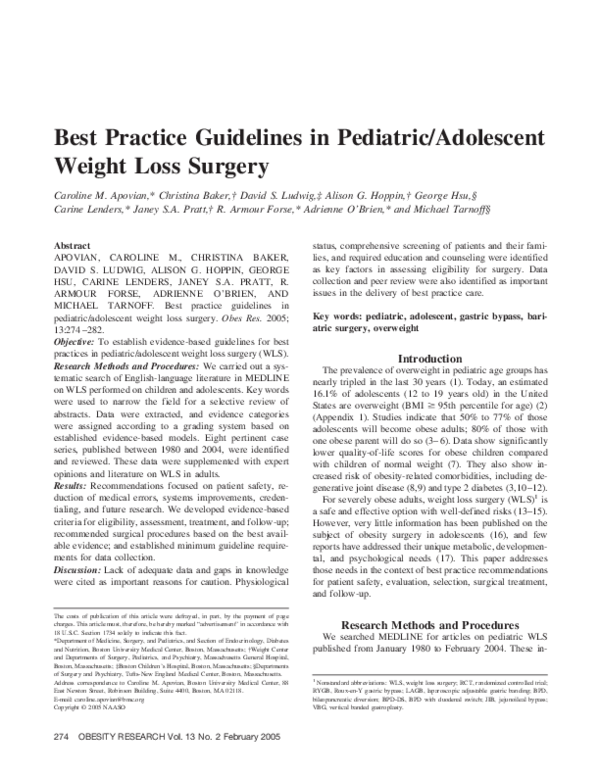 (PDF) Best Practice Guidelines in Pediatric/Adolescent Weight Loss Surgery