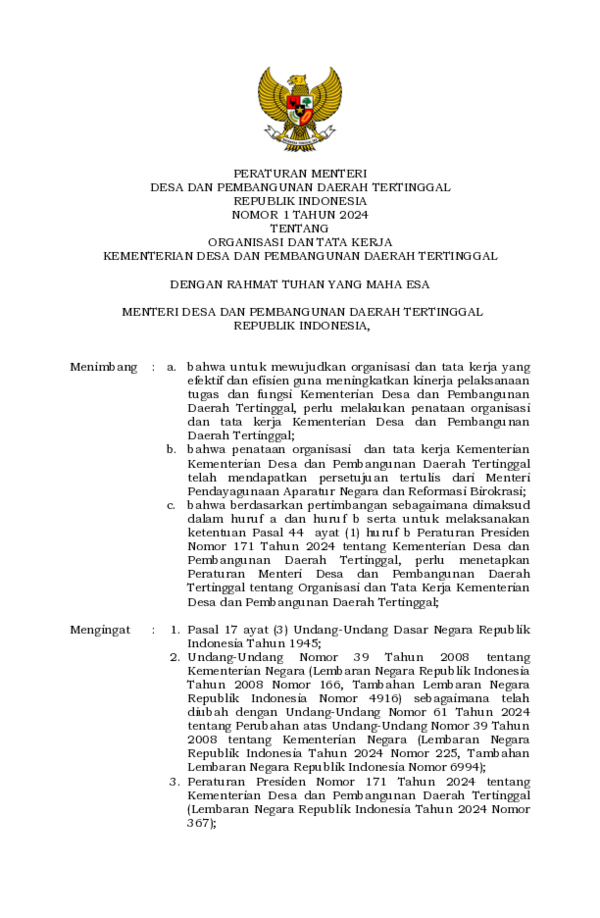 (PDF) Permendes PDT Nor 1 Tahun 2024 ttg Organisasi dan Tata Kerja ...