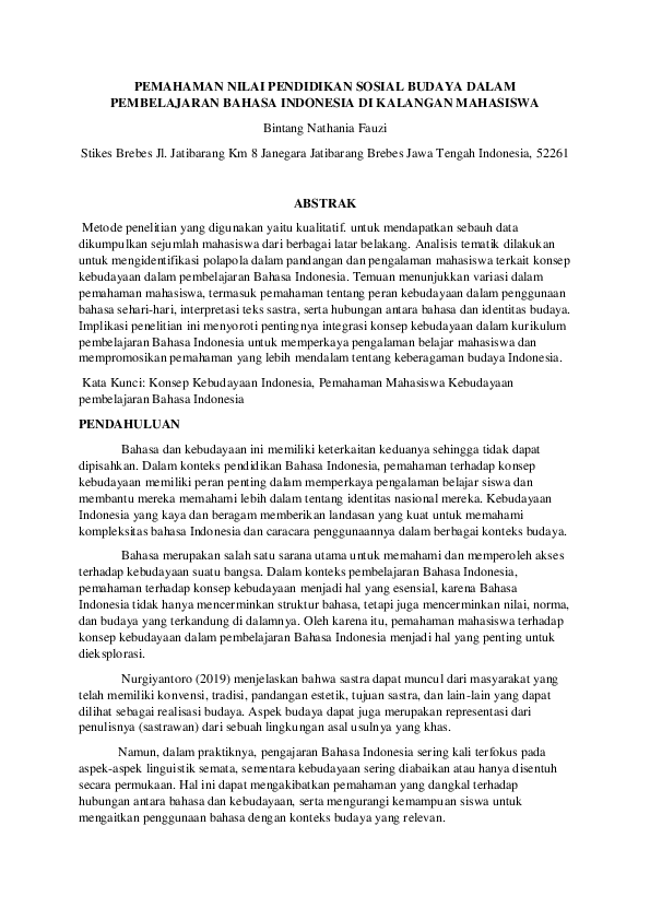 (PDF) PEMAHAMAN NILAI PENDIDIKAN SOSIAL BUDAYA DALAM PEMBELAJARAN BAHASA INDONESIA DI KALANGAN ...