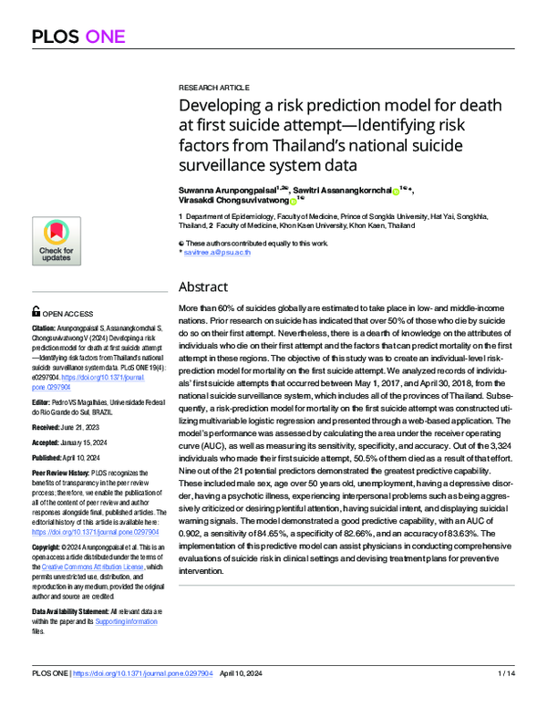 (PDF) Developing a risk prediction model for death at first suicide ...
