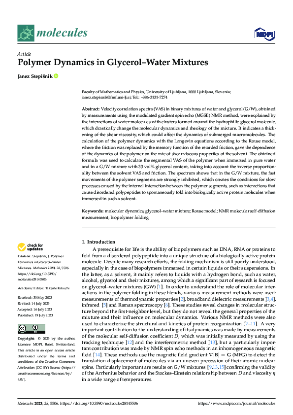 (PDF) Polymer Dynamics in Glycerol–Water Mixtures
