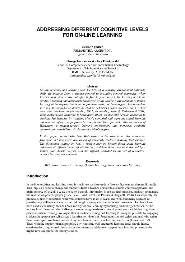(PDF) Addressing different cognitive levels for on-line learning
