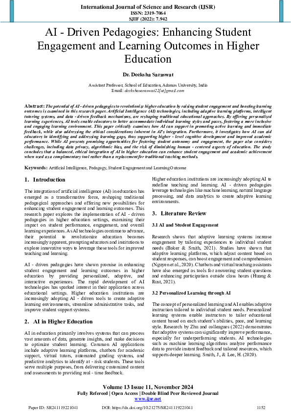 (PDF) AI -Driven Pedagogies: Enhancing Student Engagement and Learning Outcomes in Higher Education