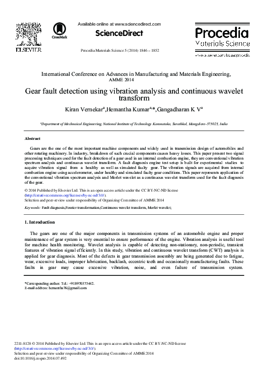 (PDF) Gear Fault Detection Using Vibration Analysis and Continuous Wavelet Transform