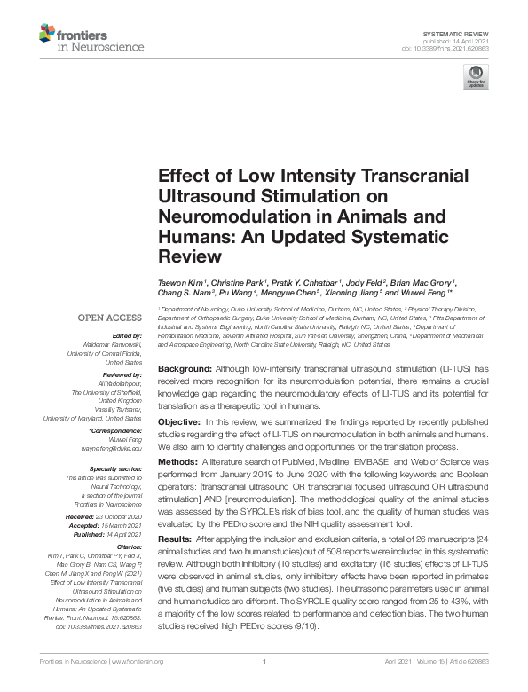 (PDF) Effect of Low Intensity Transcranial Ultrasound Stimulation on Neuromodulation in Animals ...