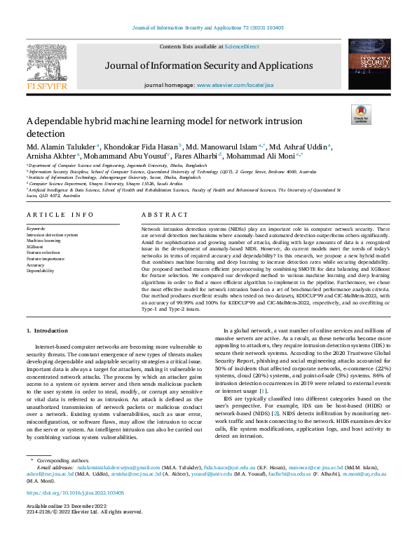 Pdf A Dependable Hybrid Machine Learning Model For Network Intrusion