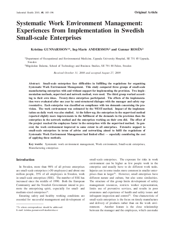 (PDF) Systematic Work Environment Management: Experiences from ...