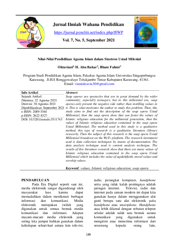 (PDF) Nilai-Nilai Pendidikan Agama Islam dalam Sinetron Ustad Milenial