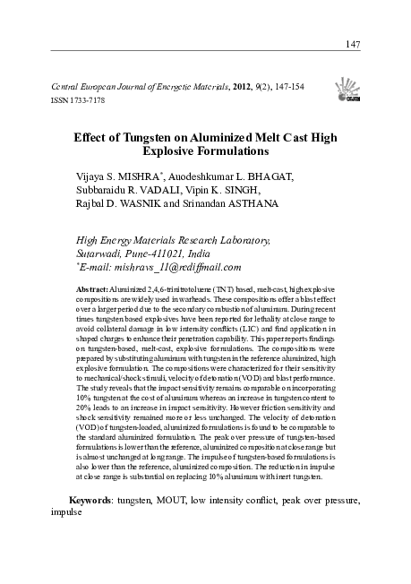 (PDF) Effect of Tungsten on Aluminized Melt Cast High Explosive ...