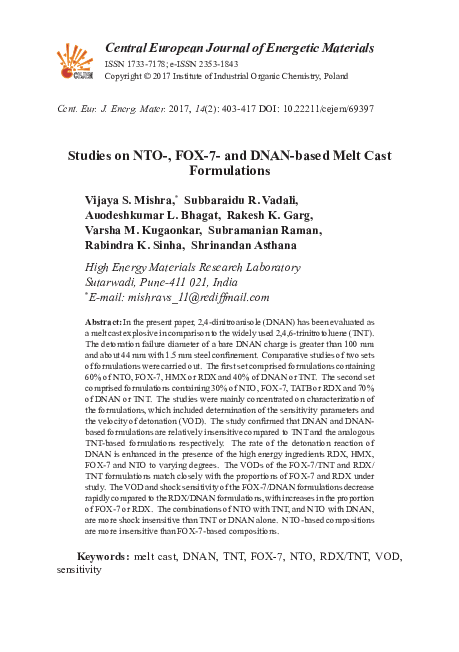 (PDF) Studies on NTO-, FOX-7- and DNAN-based Melt Cast Formulations