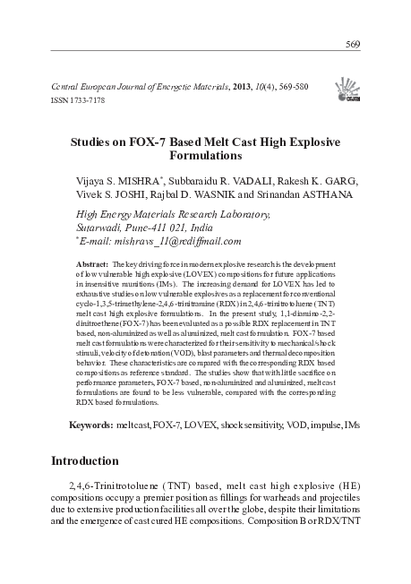 (PDF) Studies on FOX-7 Based Melt Cast High Explosive Formulations