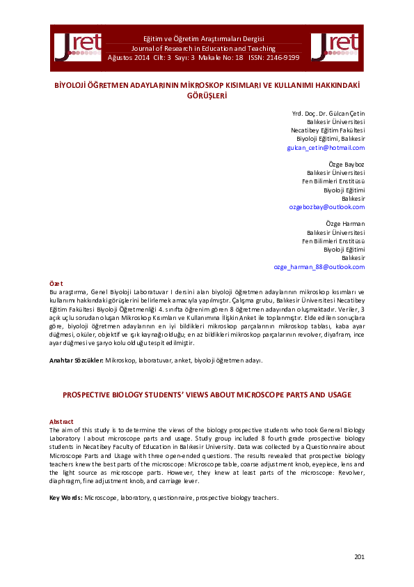 (PDF) Bi̇yoloji̇ Öğretmen Adaylarinin Mi̇kroskop Kisimlari Ve Kullanimi ...
