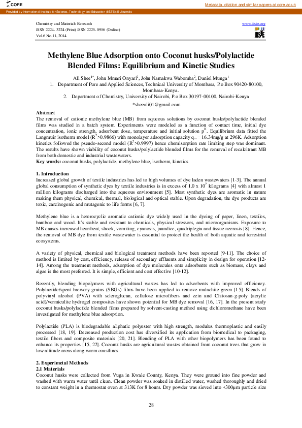 (PDF) Methylene Blue Adsorption onto Coconut husks/Polylactide Blended Films: Equilibrium and ...