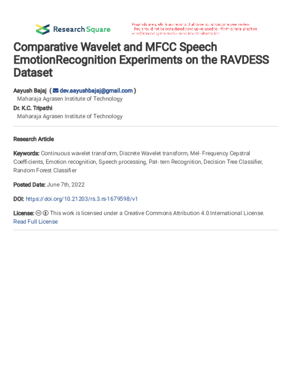 (PDF) Comparative Wavelet and MFCC Speech EmotionRecognition Experiments on the RAVDESS Dataset