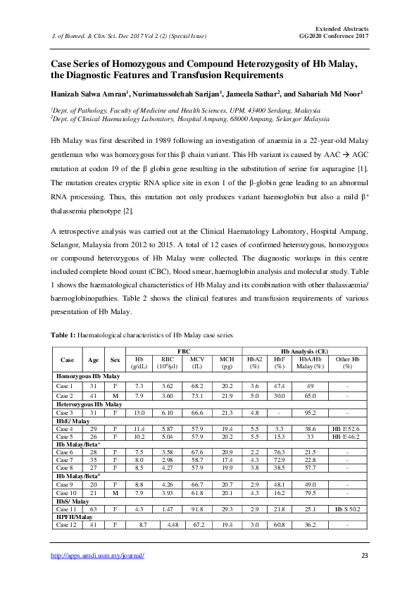 (PDF) Case Series of Homozygous and Compound Heterozygosity of Hb Malay, the Diagnostic Features ...