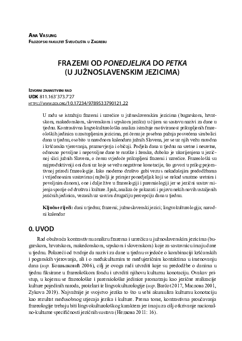 (PDF) Frazemi od ponedjeljka do petka (u južnoslavenskim jezicima)