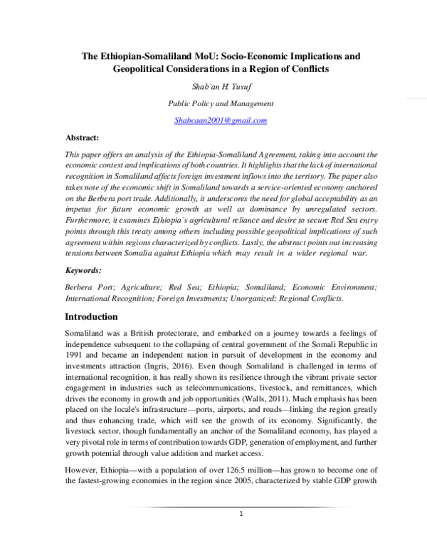 (PDF) The Ethiopian-Somaliland MoU: Socio-Economic Implications and ...