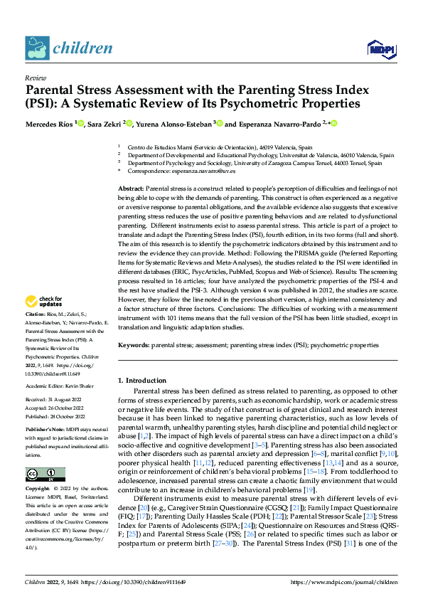 (PDF) Parental Stress Assessment with the Parenting Stress Index (PSI ...