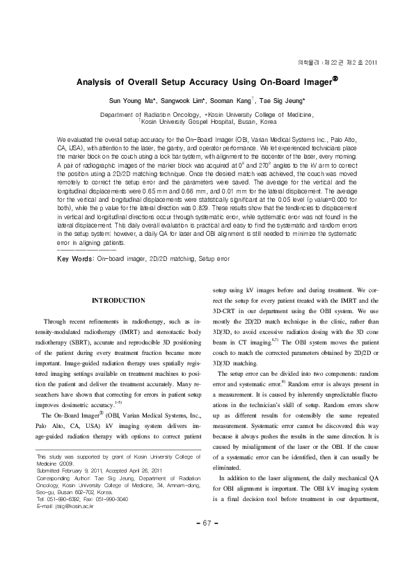(PDF) Analysis of Overall Setup Accuracy Using On-Board Imager(R)