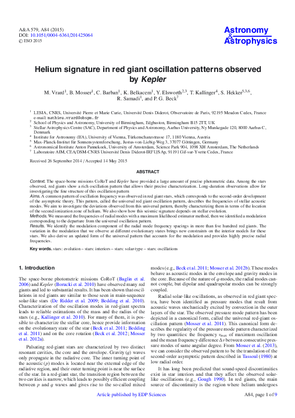 (PDF) Helium signature in red giant oscillation patterns observed byKepler