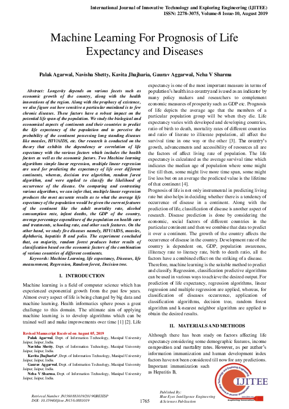 (PDF) Machine Learning For Prognosis of Life Expectancy and Diseases