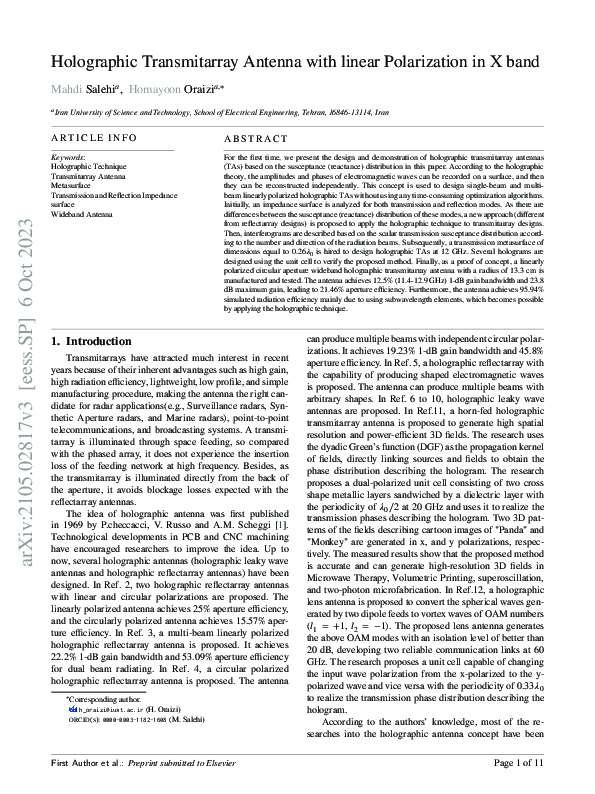 (PDF) Holographic Transmitarray Antenna with linear Polarization in X band