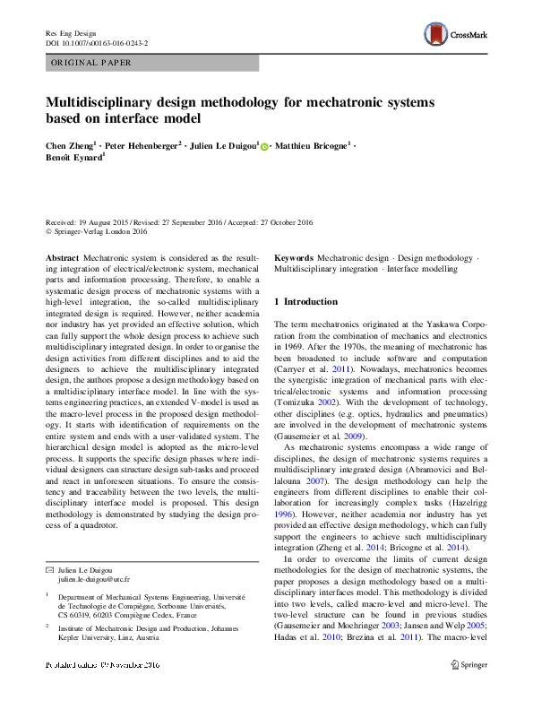 (PDF) Multidisciplinary design methodology for mechatronic systems based on interface model