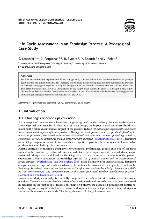 (PDF) Life Cycle Assessment in an Ecodesign Process: A Pedagogical Case Study