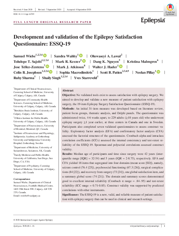 (PDF) Development and validation of the Epilepsy Surgery Satisfaction ...
