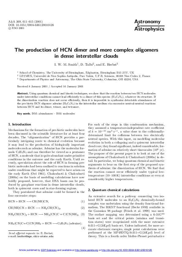 (PDF) The production of HCN dimer and more complex oligomers in dense ...