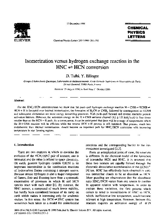 (PDF) Isomerization versus hydrogen exchange reaction in the HNC ⇌ HCN ...
